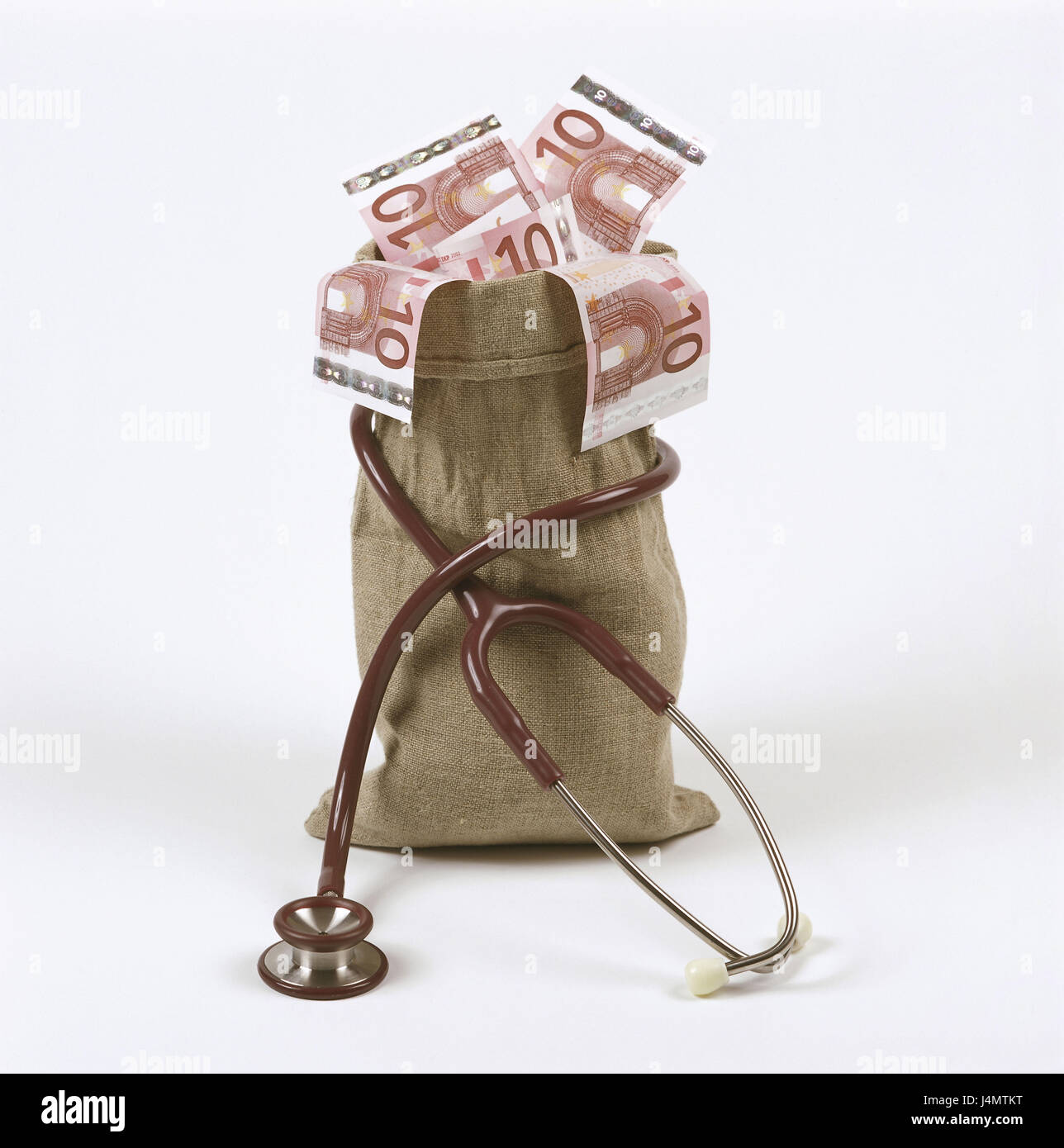 Monetary pouch, 10 euros of bank notes, stethoscope, icon, health ...