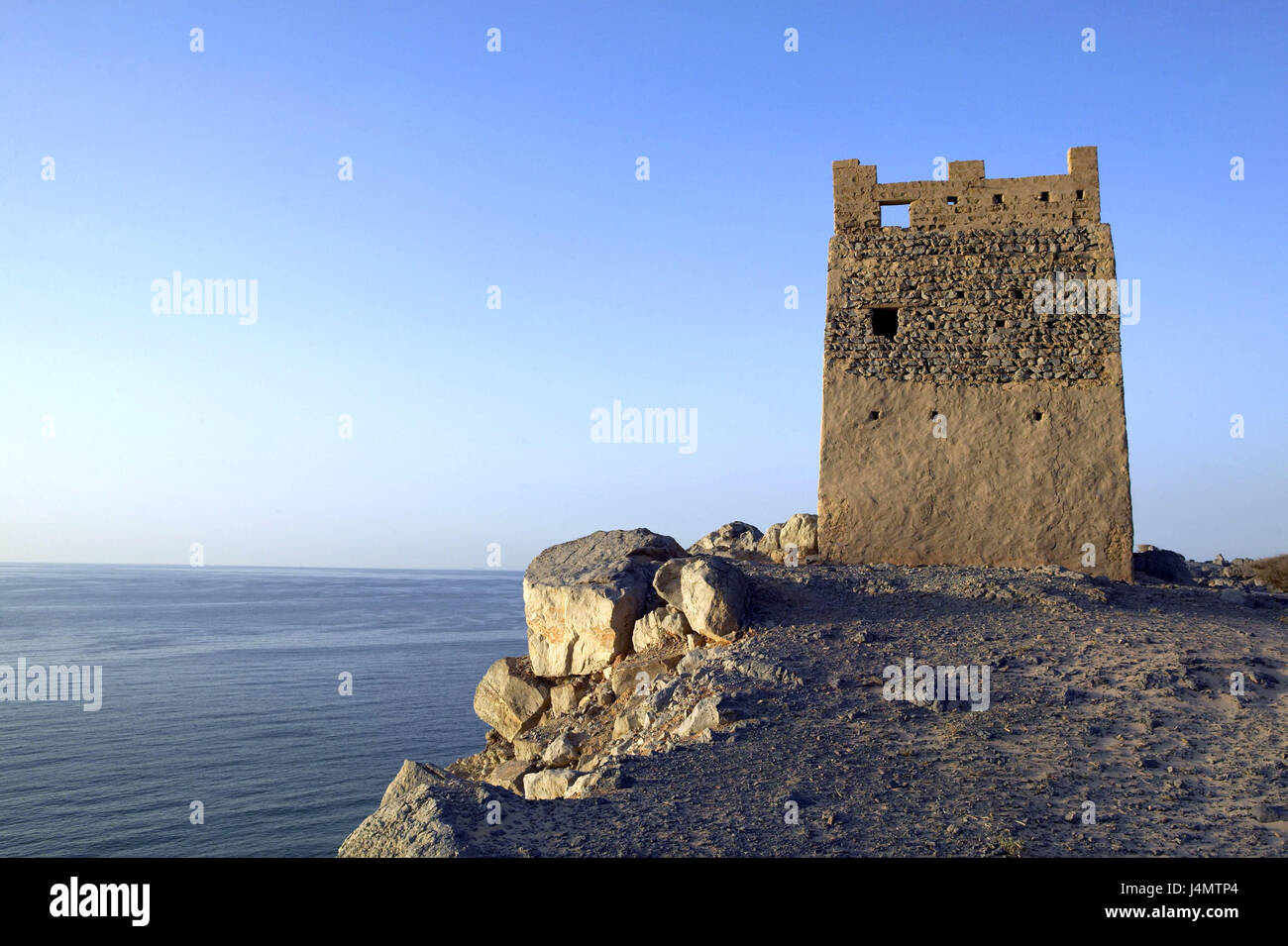 Oman, Musandam, Al-Khasab, coast, watch-tower Arabian peninsula, the ...