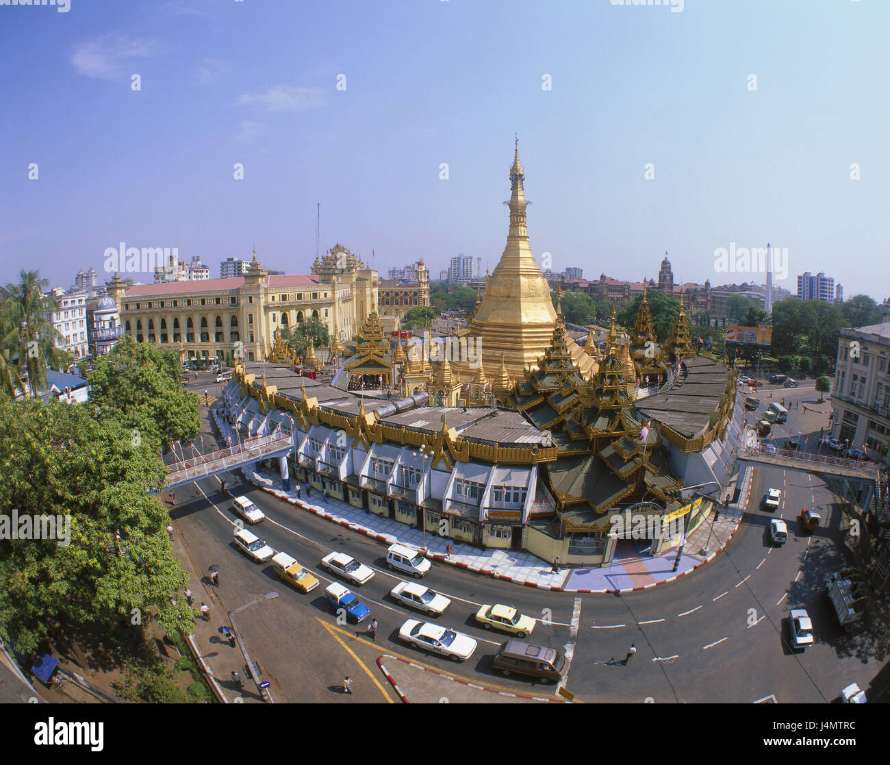 Burma, Rangoon, town view, Sule Paya pagoda, city hall, street, traffic ...