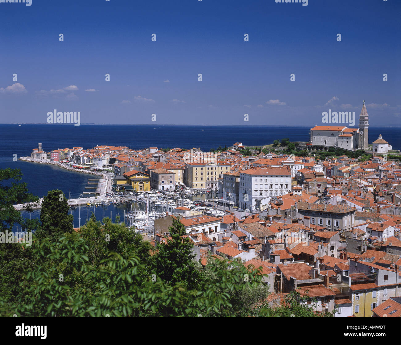 Slovenia, Piran, town view, church, harbour, sea Europe, Republika ...