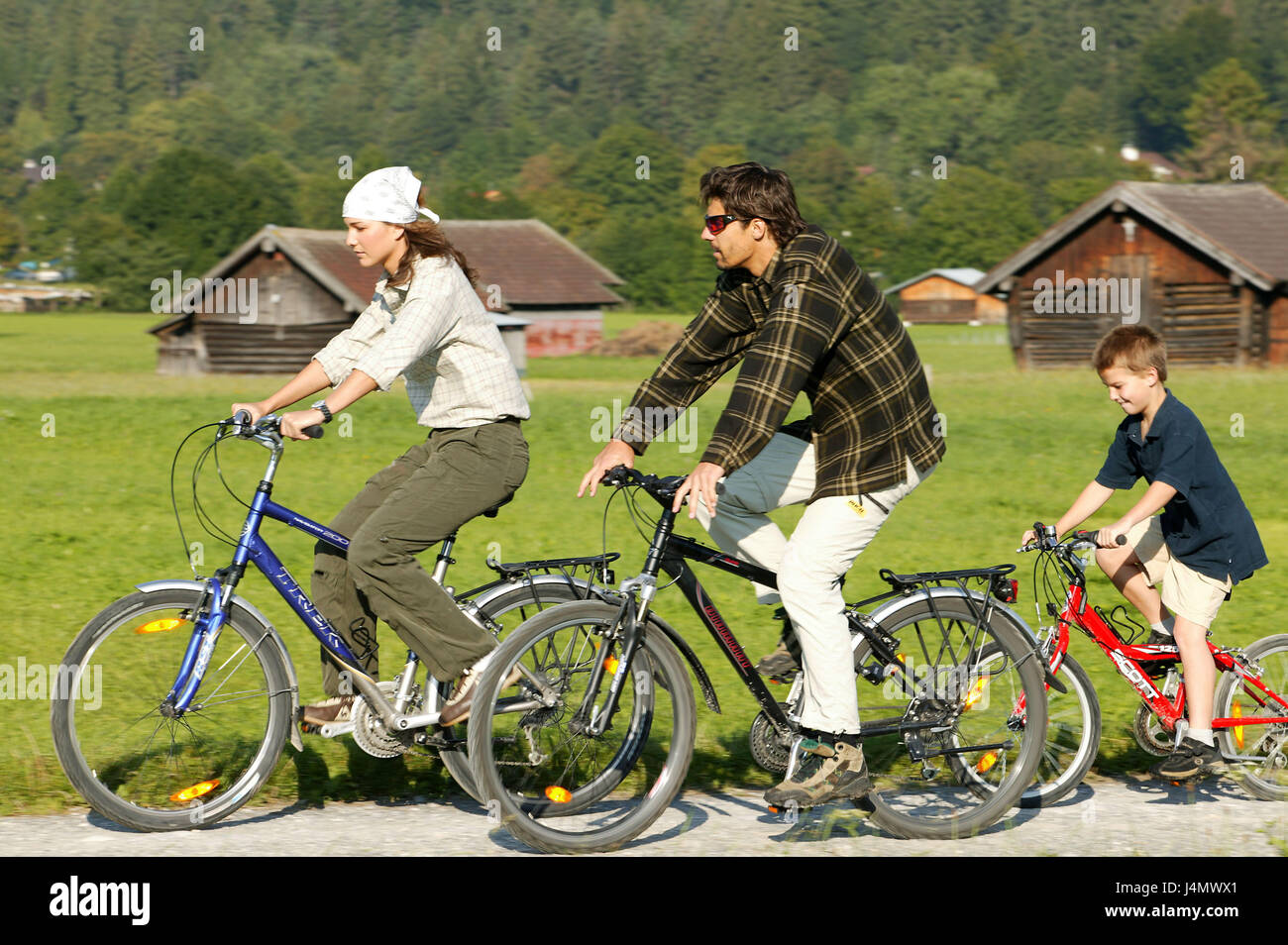Parents, child, bicycle driving, at the side family, son, boy, mountain ...