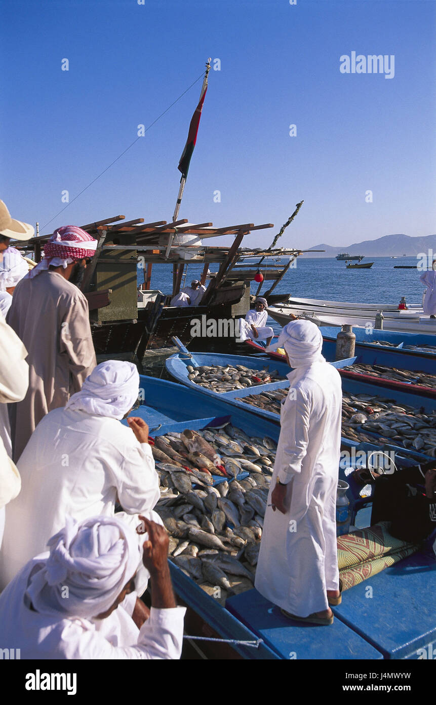 Oman, Musandam peninsula, Khasab, beach, fisherman, successfully, catch ...