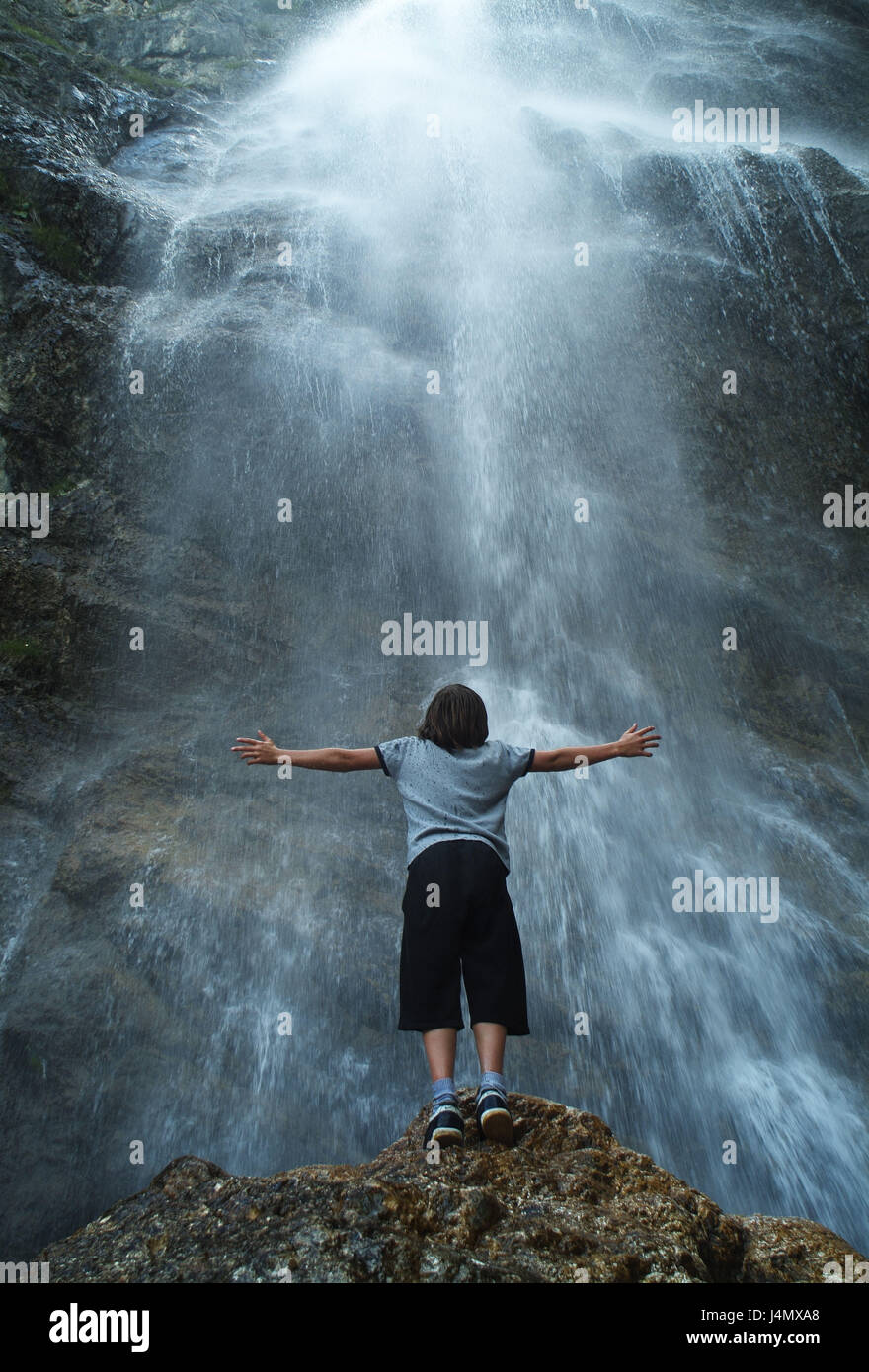 Waterfall, rock, boy, stand, enjoy arms spread, to high-level views ...