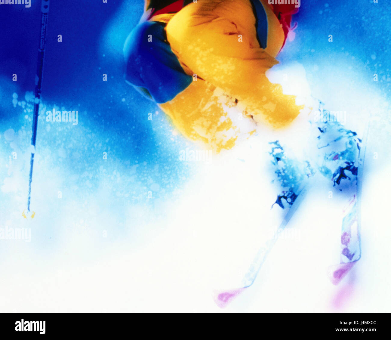 Skier, departure, detail, makes unfamiliar mountainside, snow ...