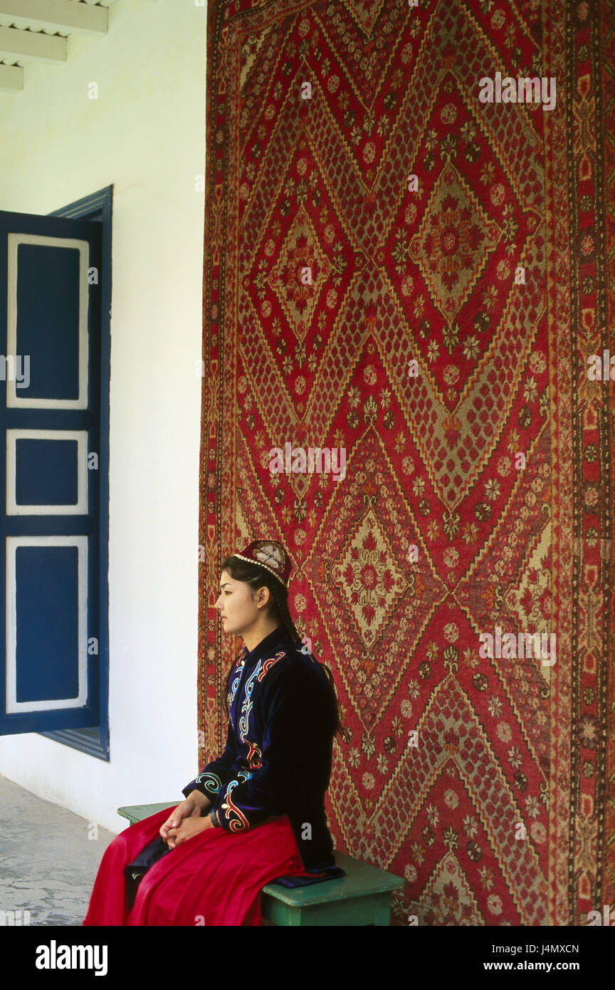 China, Xinjiang Uygur, province, Urumqi, woman, national costume, bank ...