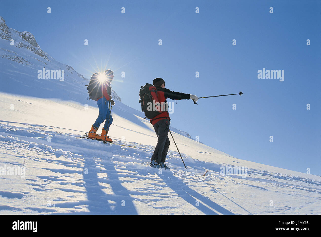 Mountains, ski tour walkers, departure, back light couple, tour walker ...