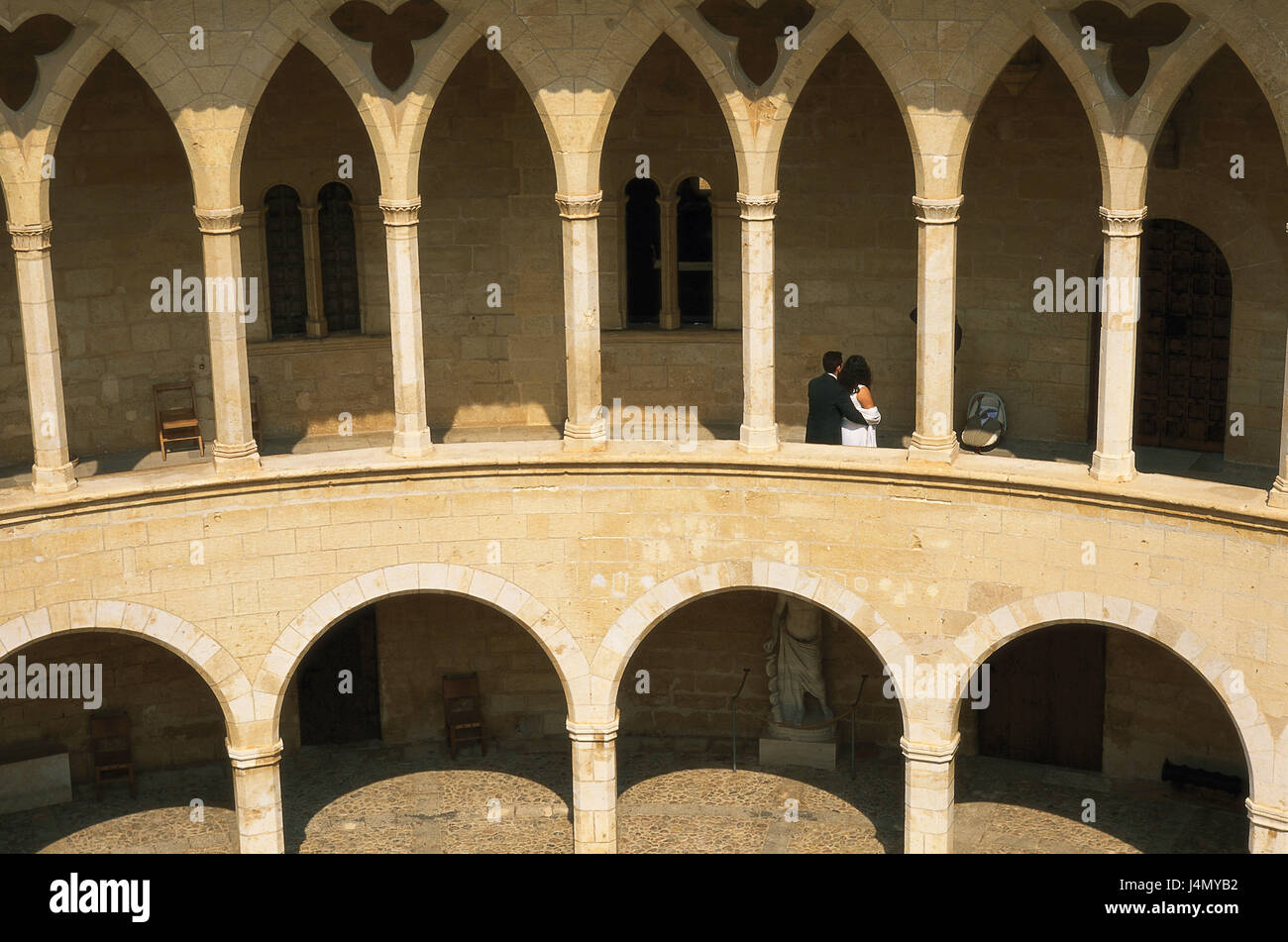 Spain, Majorca, Palma, Castell de Bellver, inner courtyard, arcades ...