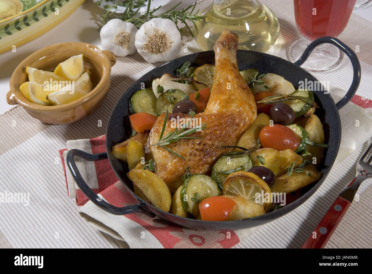 Frying pan, chicken leg, vegetables, food, main meal, frying pan ...