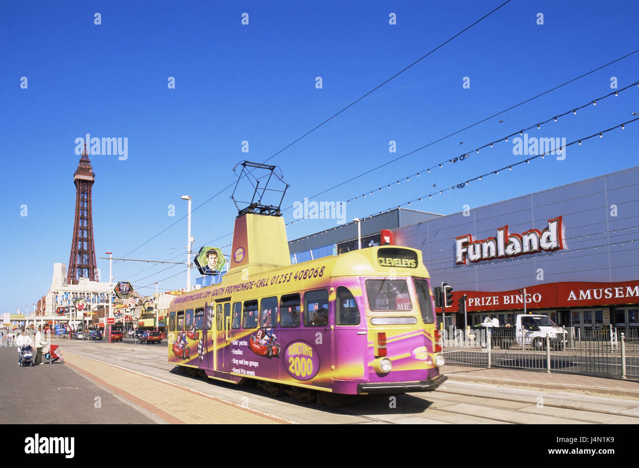 Great Britain, England, Lancashire, Seafront, Blackpool Tower, street ...