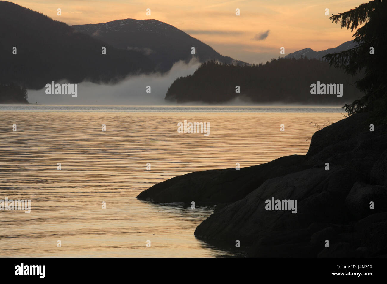 The USA, Alaska, Anan Lagoon, coast, sea, fog, afterglow Stock Photo ...