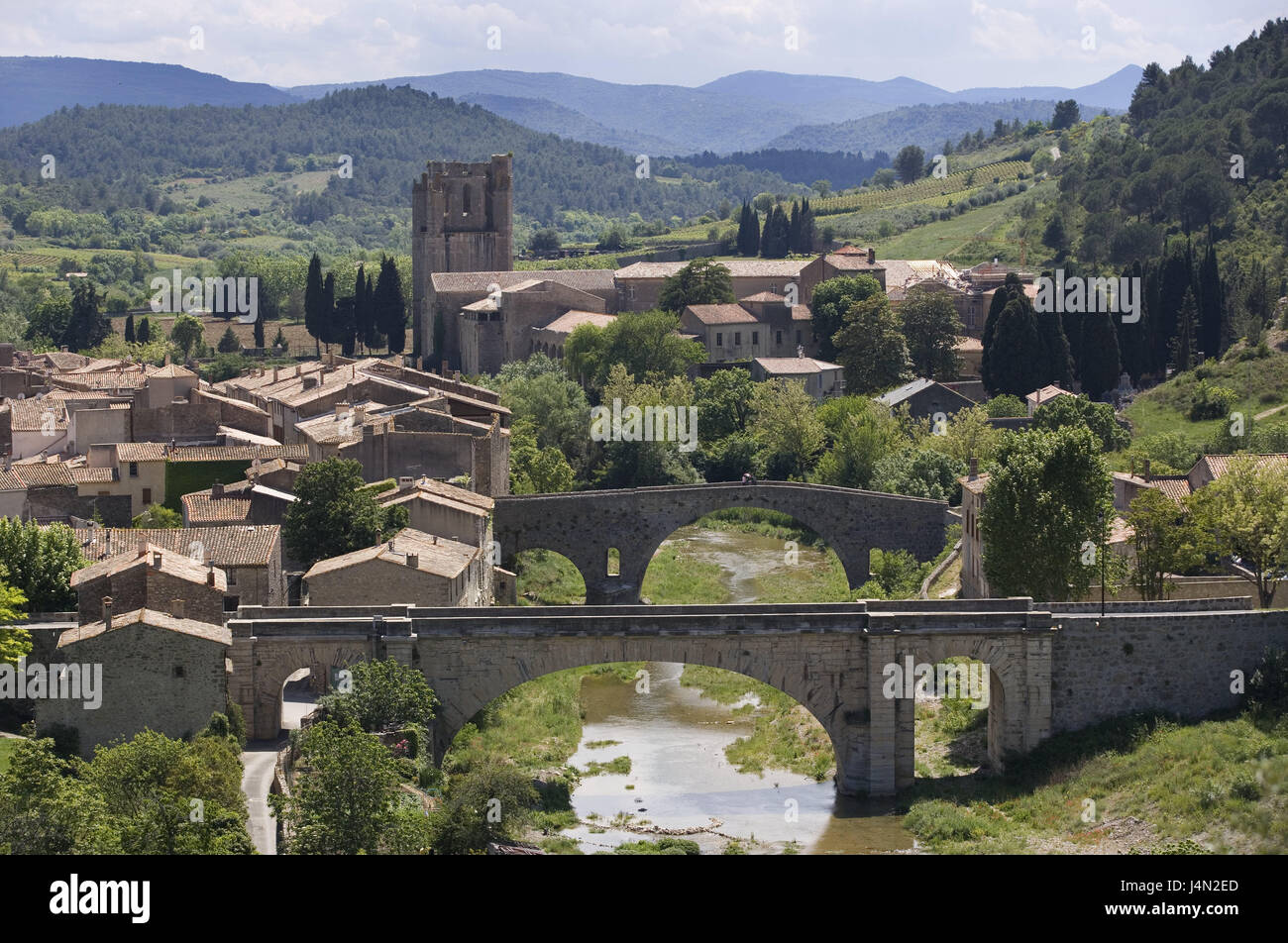 France, Languedoc-Roussillon, Lagrasse, town view, bridges, abbey Saint ...