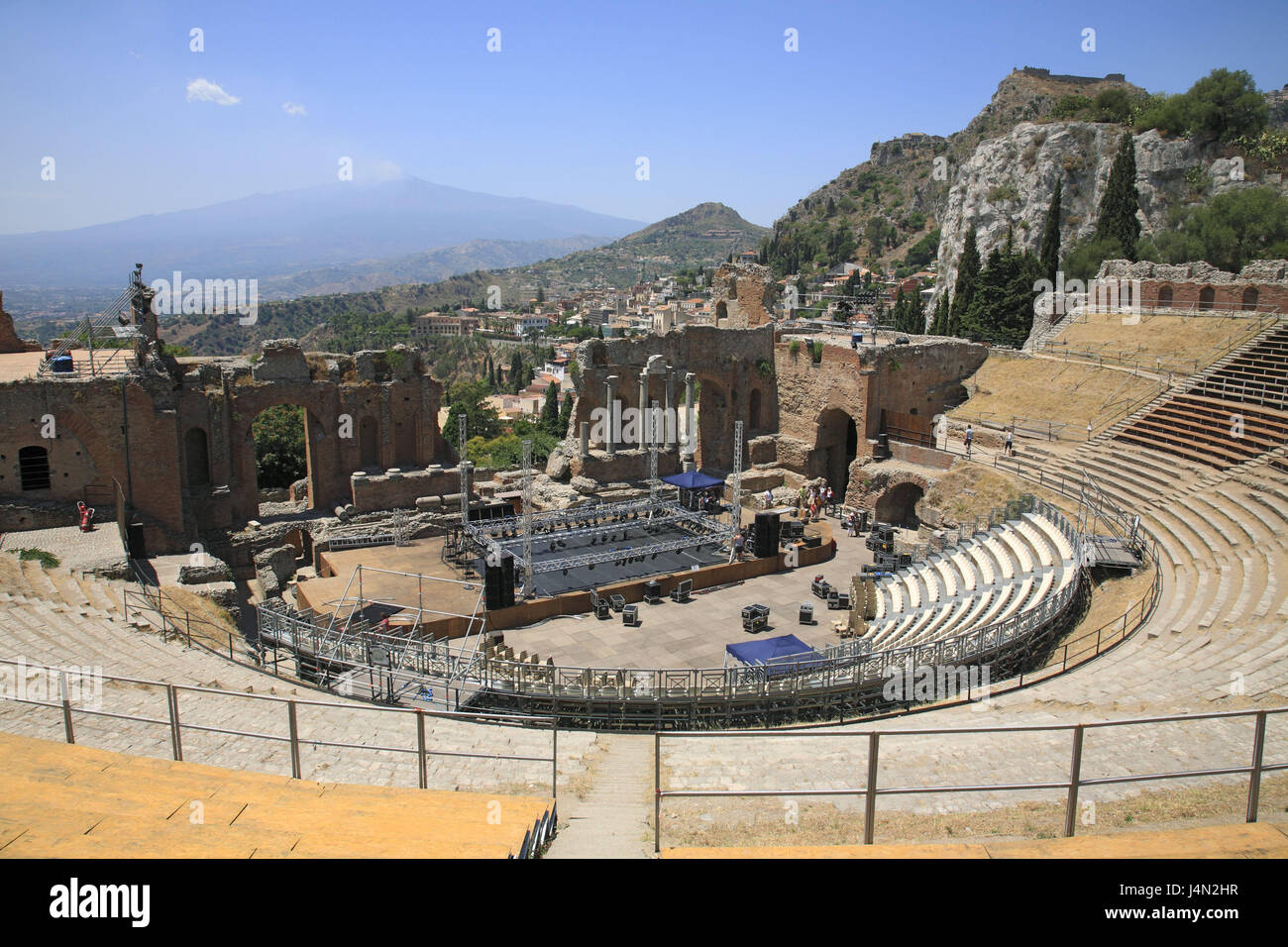 Italy, Sicily, Taormina, Greek theatre, view, volcano Etna, sky, blue ...