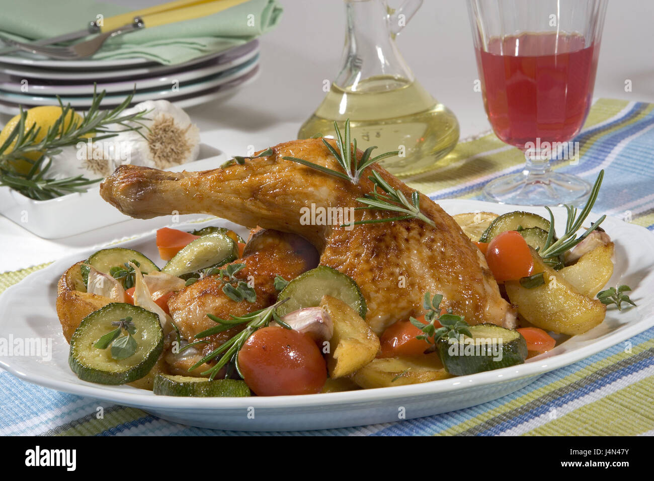 Plate, chicken leg, vegetables, food, main meal, frying pan vegetables ...