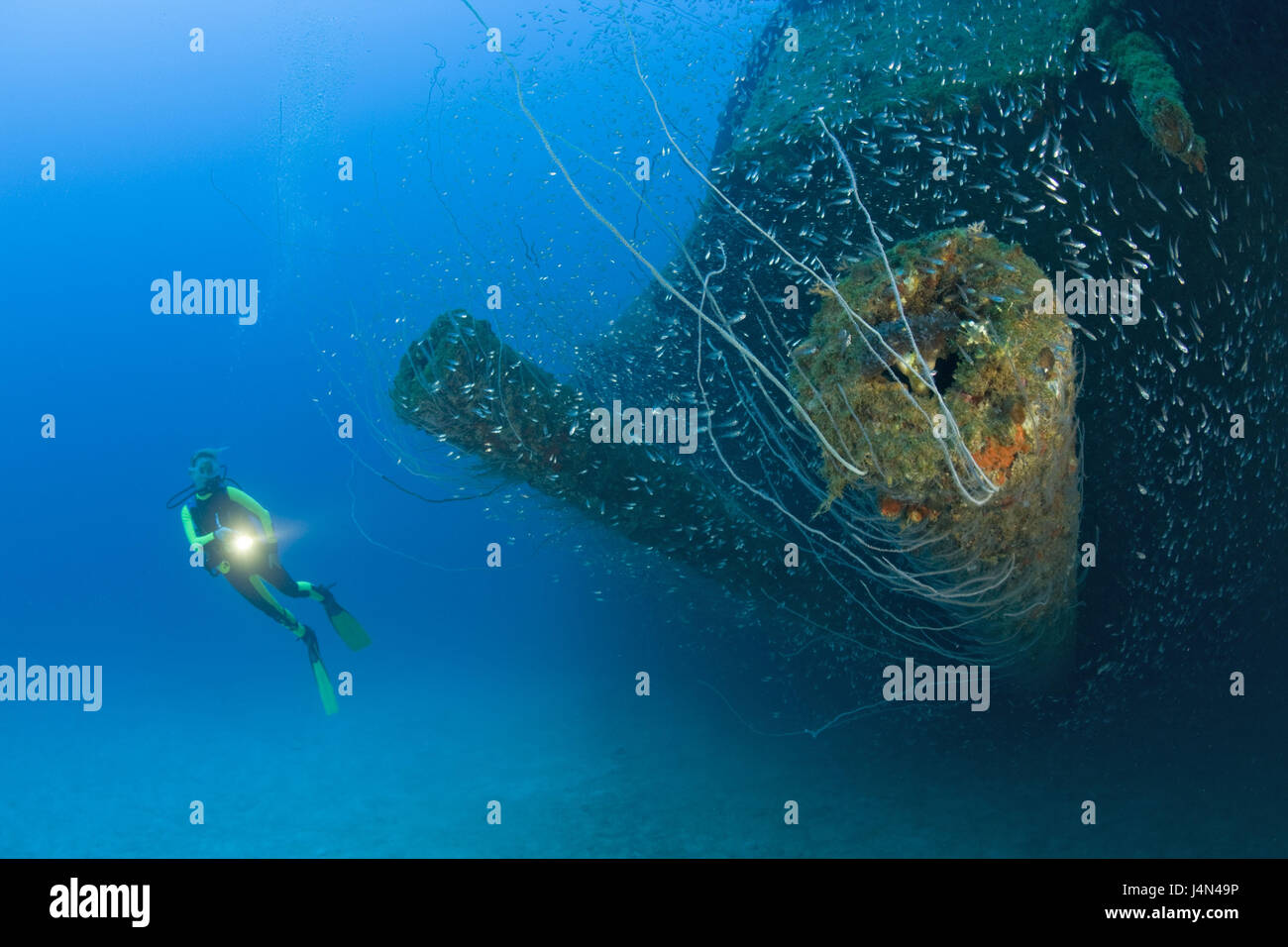Diver, ship wreck, 12 inches Geschütz, USS Arkansas Stock Photo - Alamy