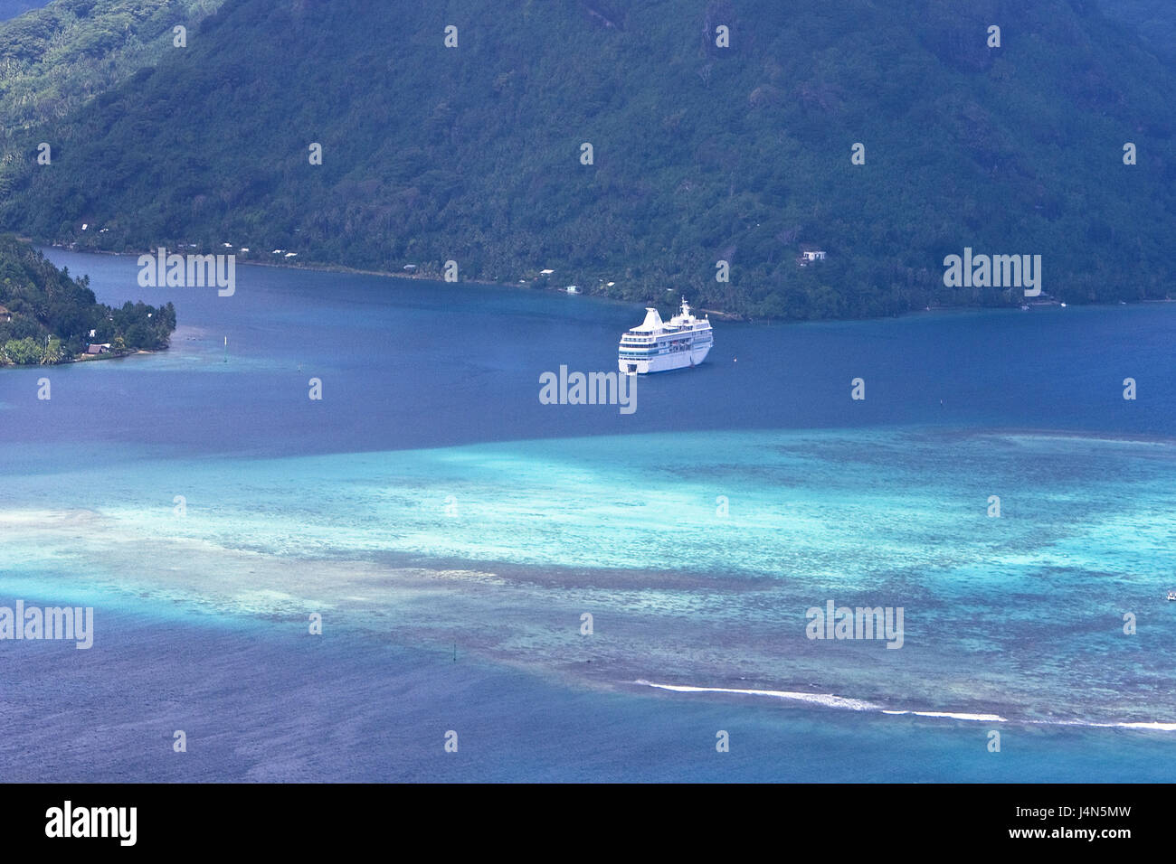 French Polynesia, Moorea, Cook's Bay, cruise ship, from above Stock ...