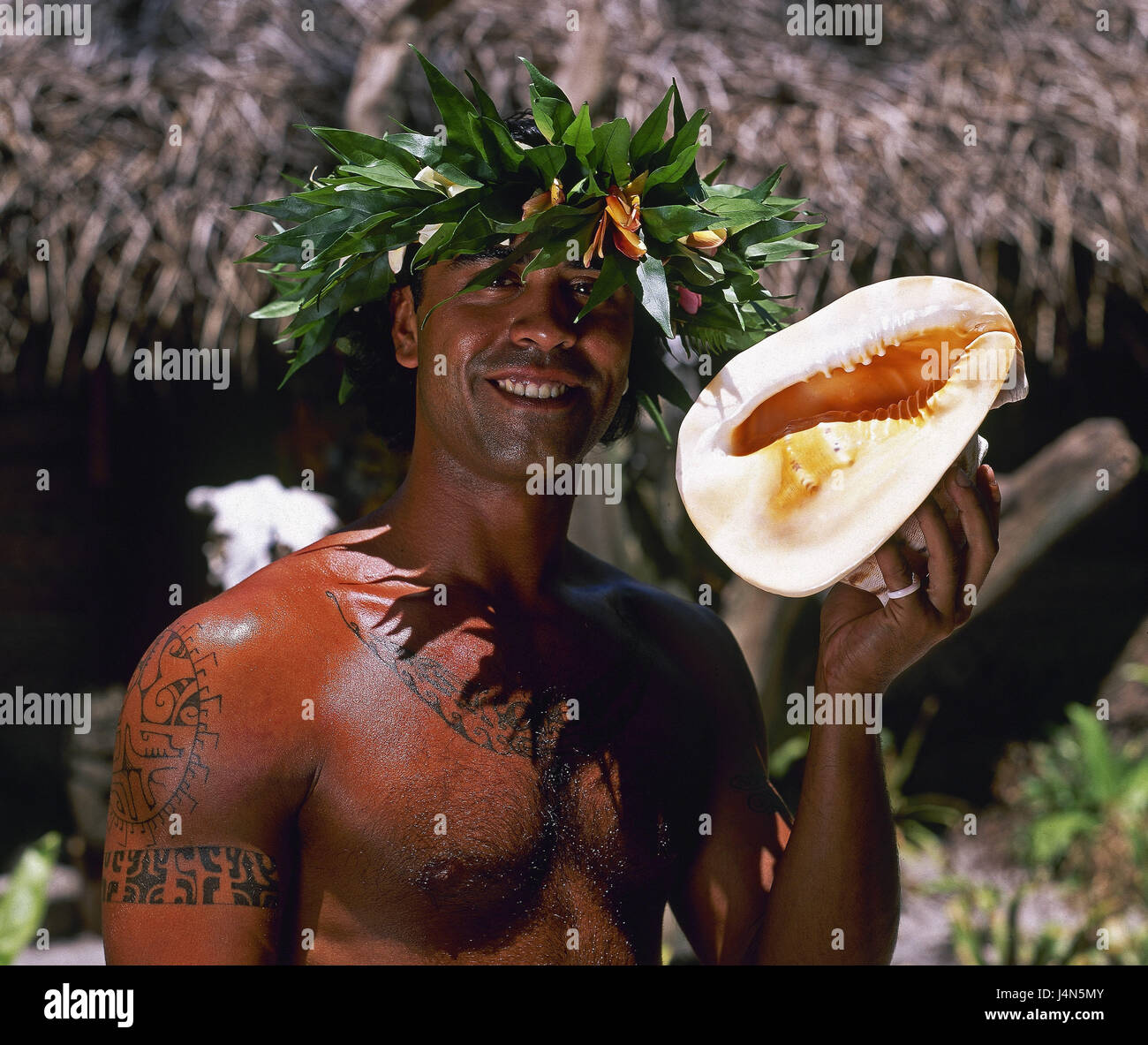 French Polynesia, Moorea, Tiki Village, local, mussel, portrait Stock ...