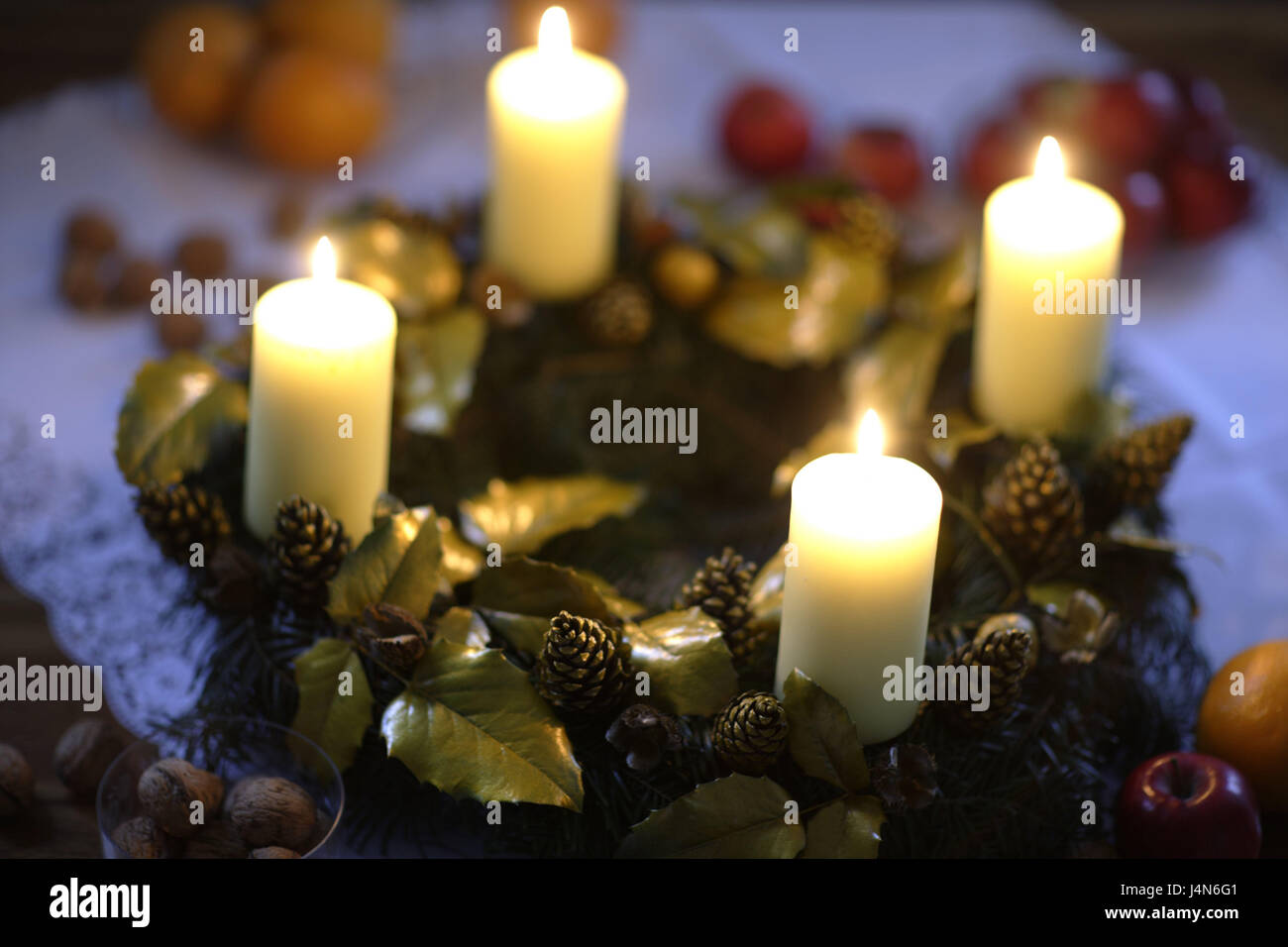 Advent wreath, four burning skyers, the fourth Advent, apples, Advent ...