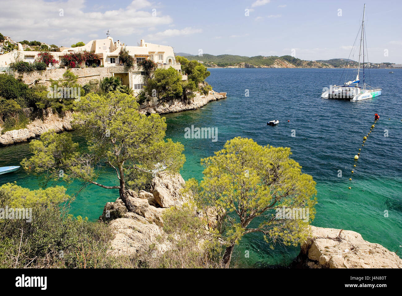 Spain, Majorca, Cala Fornells, sea, coast, rock, house, bay, island ...