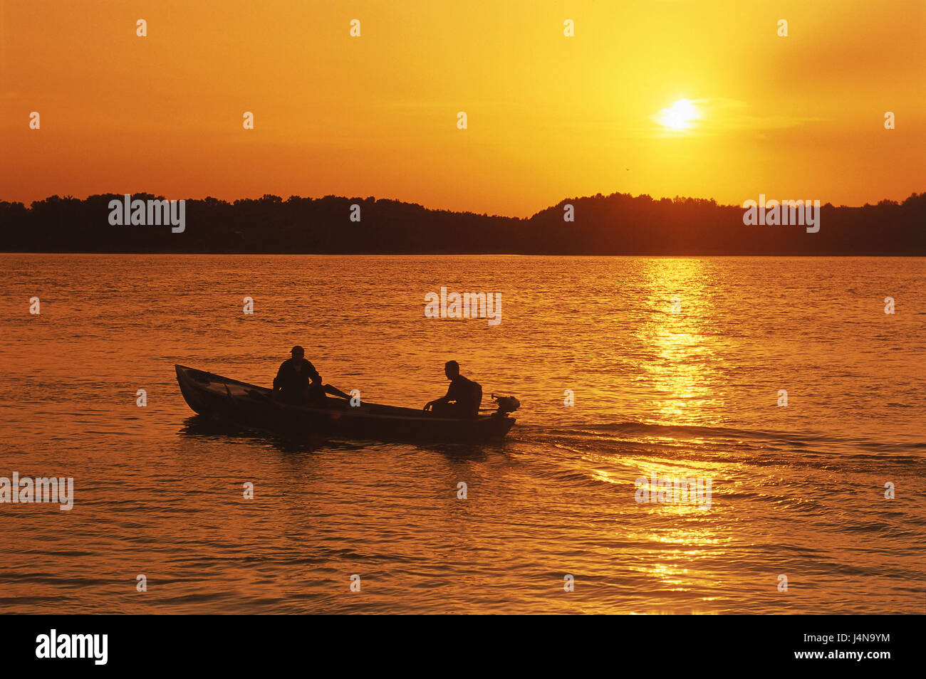 Bulgaria, Ruse, the Danube, fishing boat, sundown, soot, Pyce, river ...