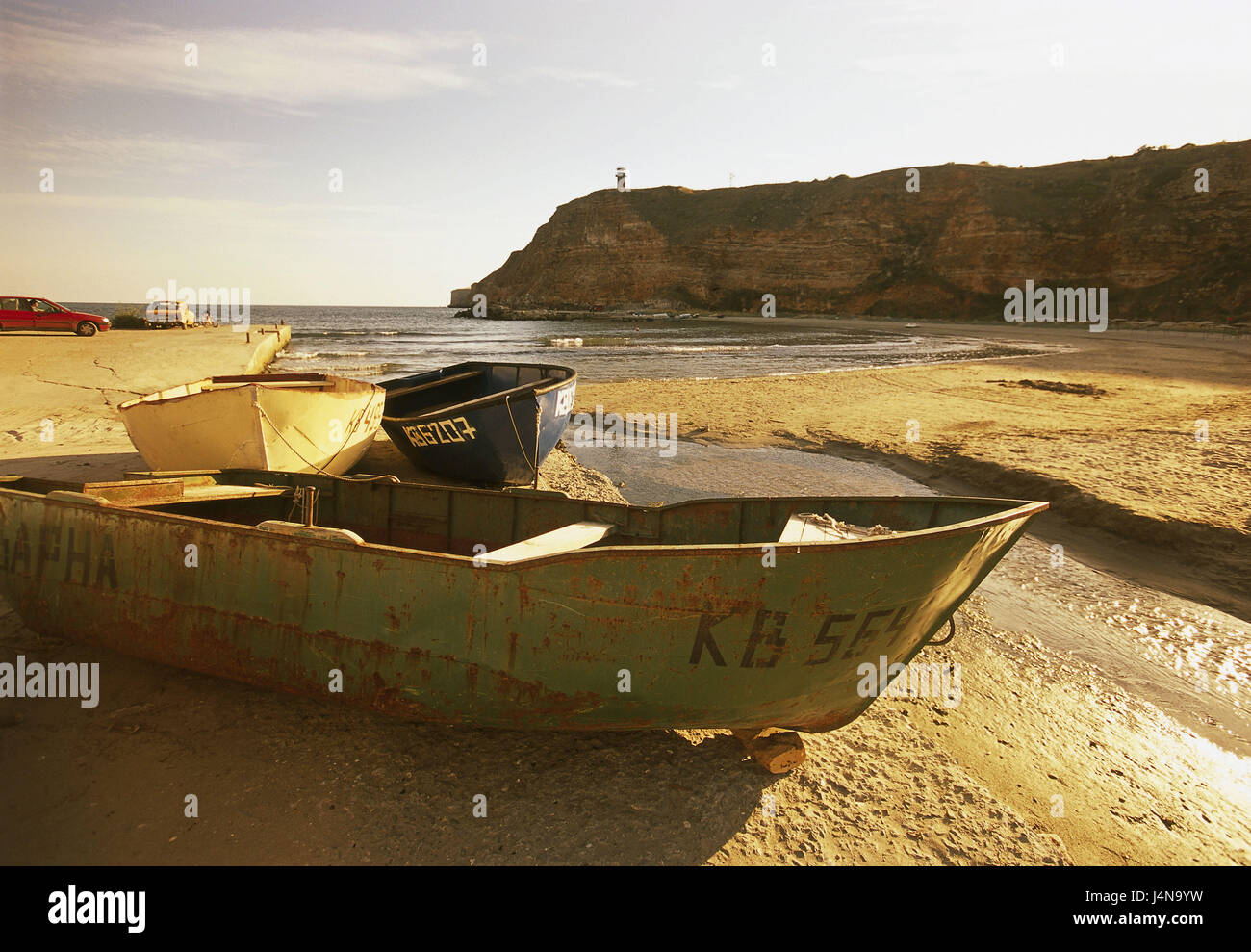 Bulgaria, cape Kaliakra, coast, sea, beach, fishing boats, Black Sea ...
