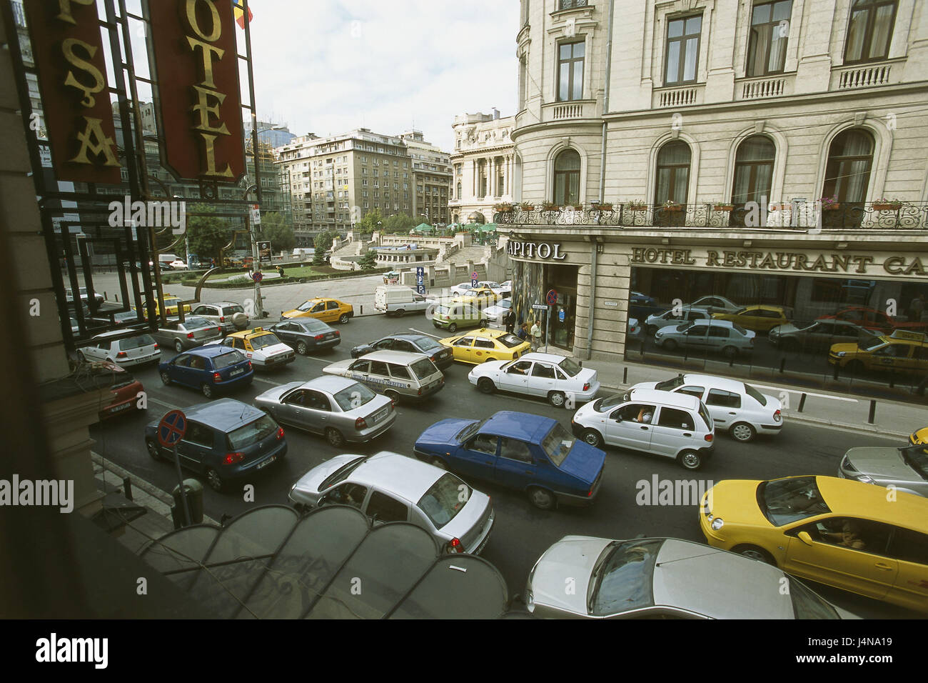 Romania, Bucharest, centre, hotel 'Capitol', street scene, from above ...