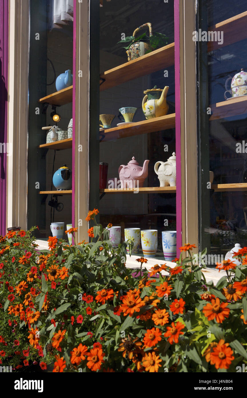 Tea seller, shop-window, detail, Mahone Bay, Nova Scotia, Canada Stock ...