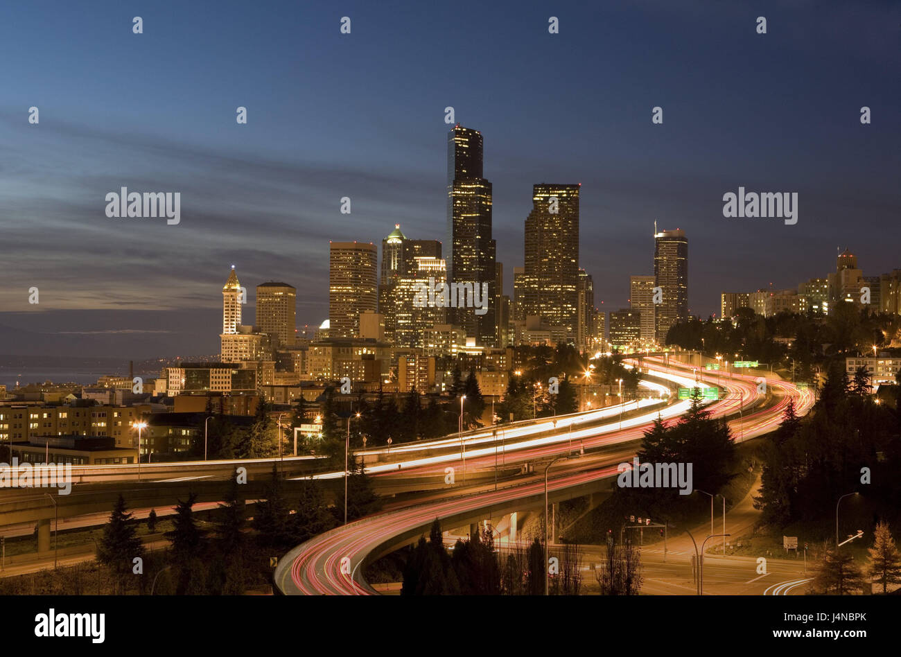 The USA, Seattle, town view, centre of the city, lights, evening, North ...