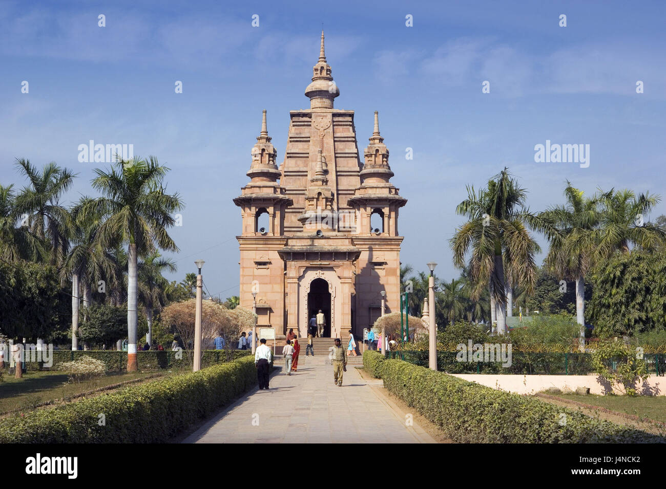 India, Uttar Pradesh, Sarnath, Mulagandha Kuti Vihara cloister, visitor ...