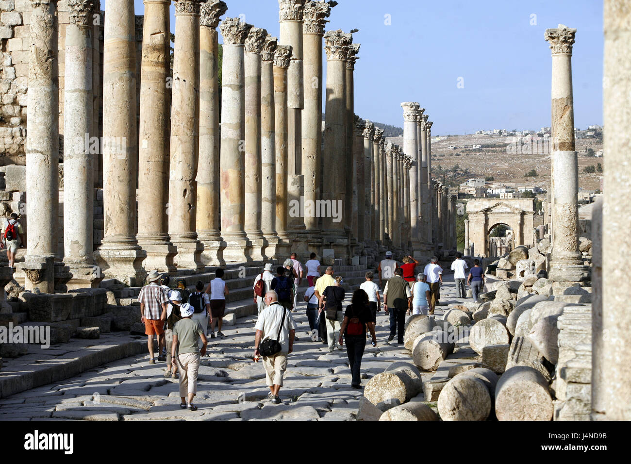 The Middle East, Jordan, Jerash, ruin site, pillars, tourists Stock ...