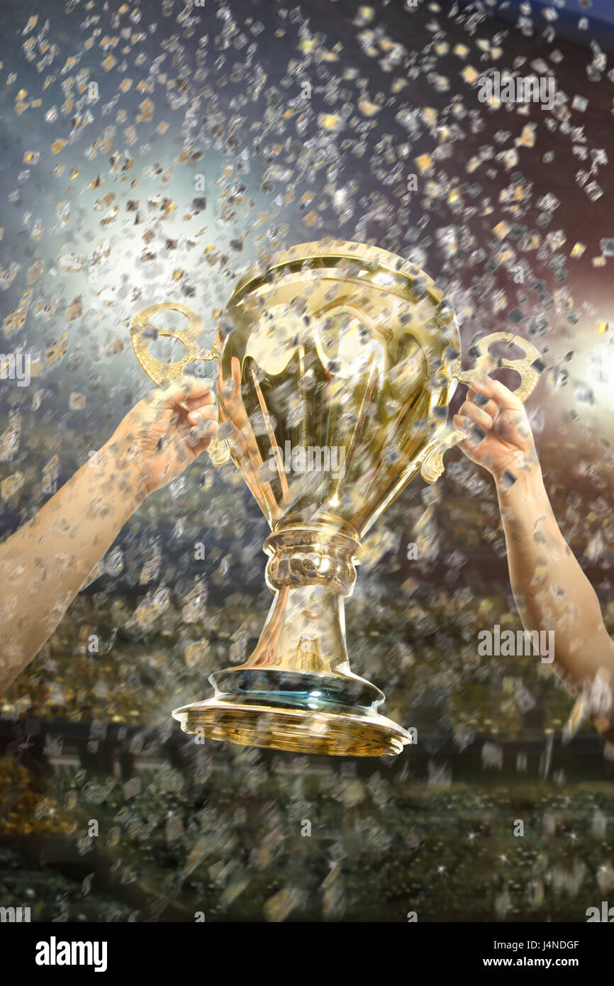 Football stadium, cup, hands, cheering, confetti, stadium, European ...