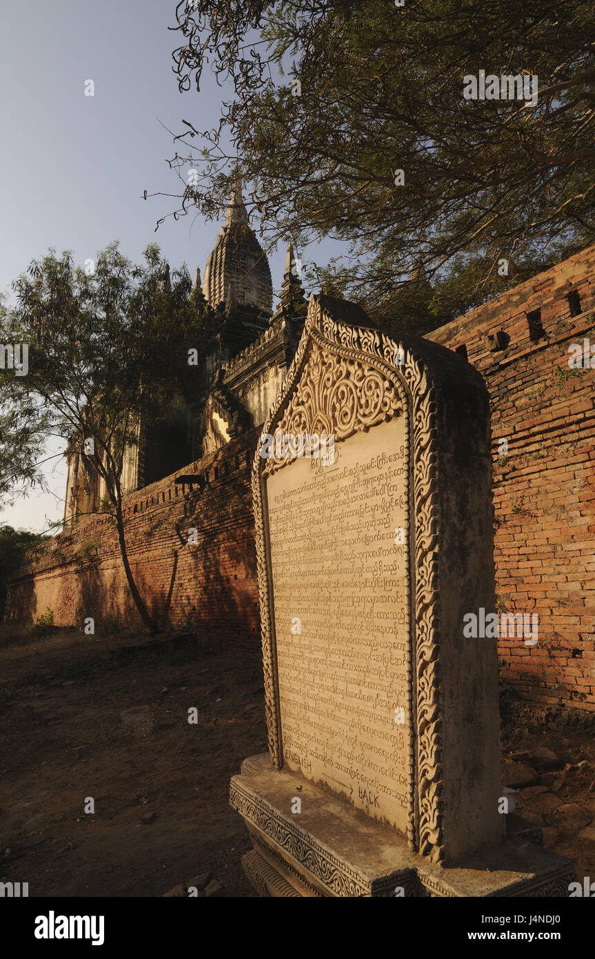 Character font notice board, temple, ruin town, Bagan, Myanmar Stock ...
