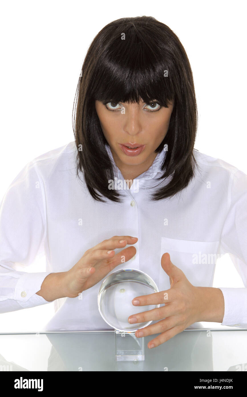 Foreteller, gesture, crystal ball, half portrait, model released Stock ...