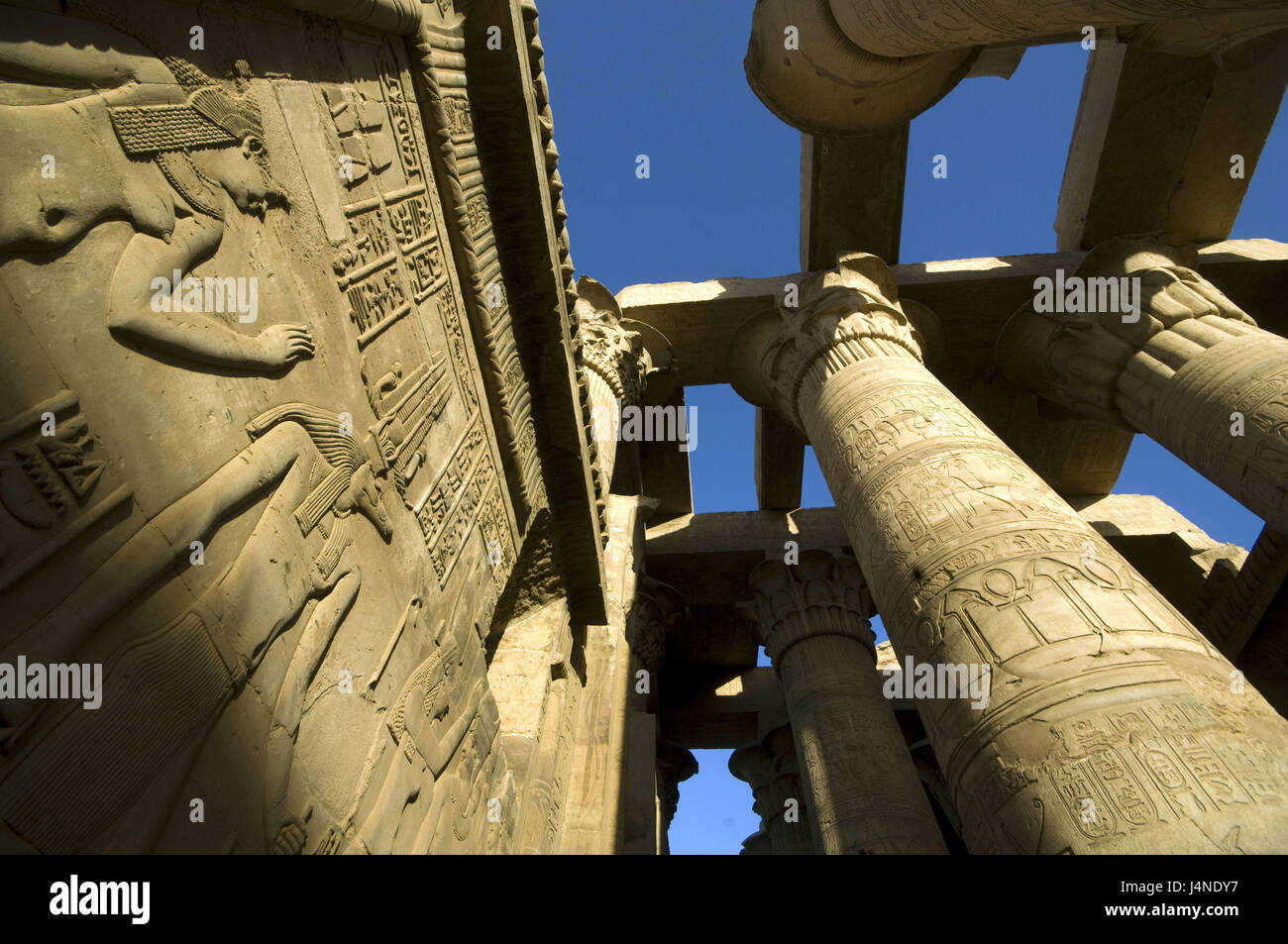 Egypt, Nile valley, Kom Ombo, temple, relief, portico, from below Stock ...