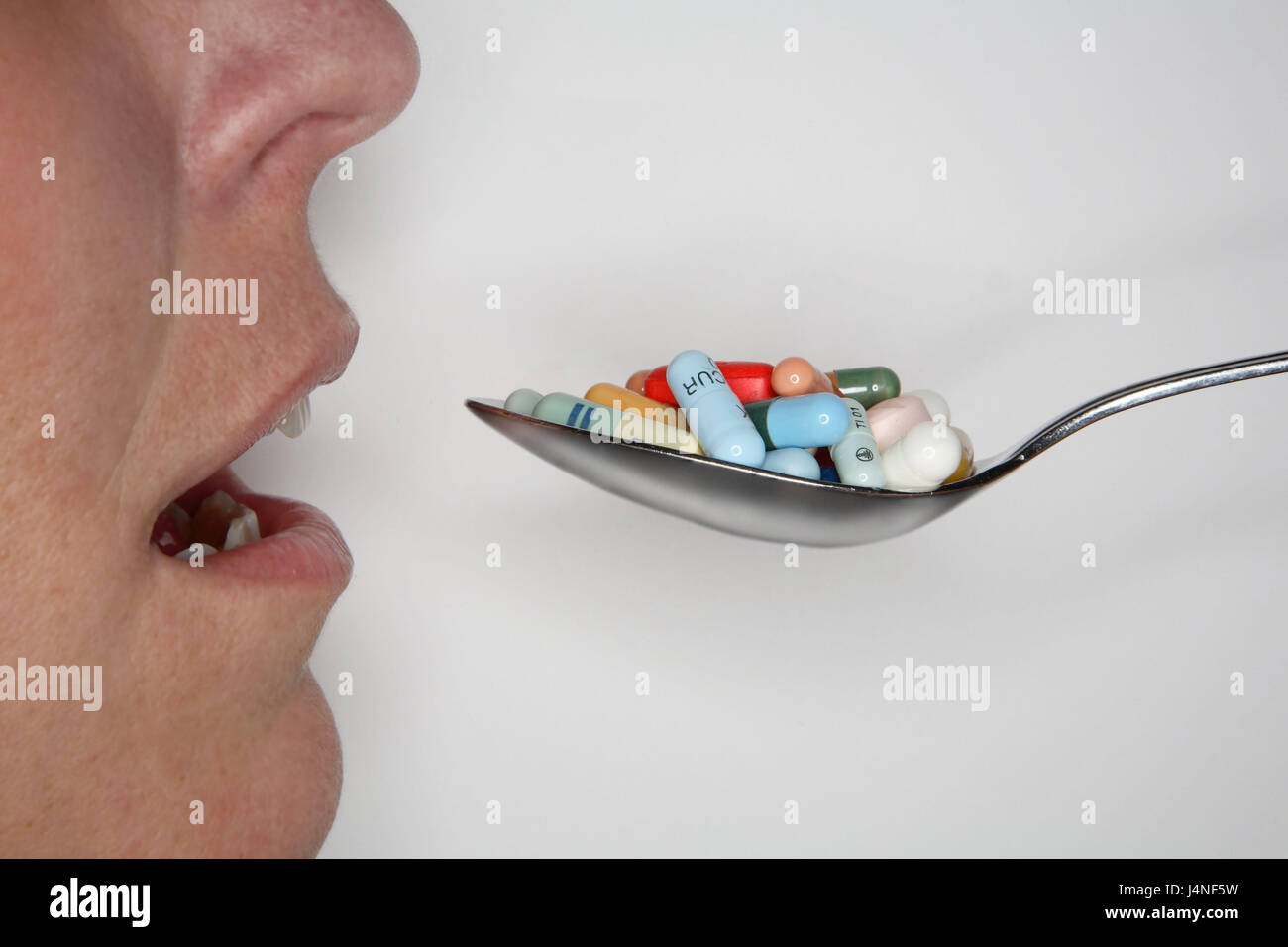 Woman, detail, mouth, spoon, drugs, merged, take, preview, person ...