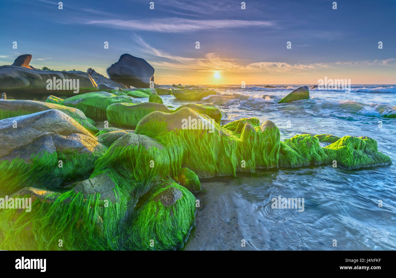 Dawn on ancient rocks moss covered with colorful sky welcome beautiful ...