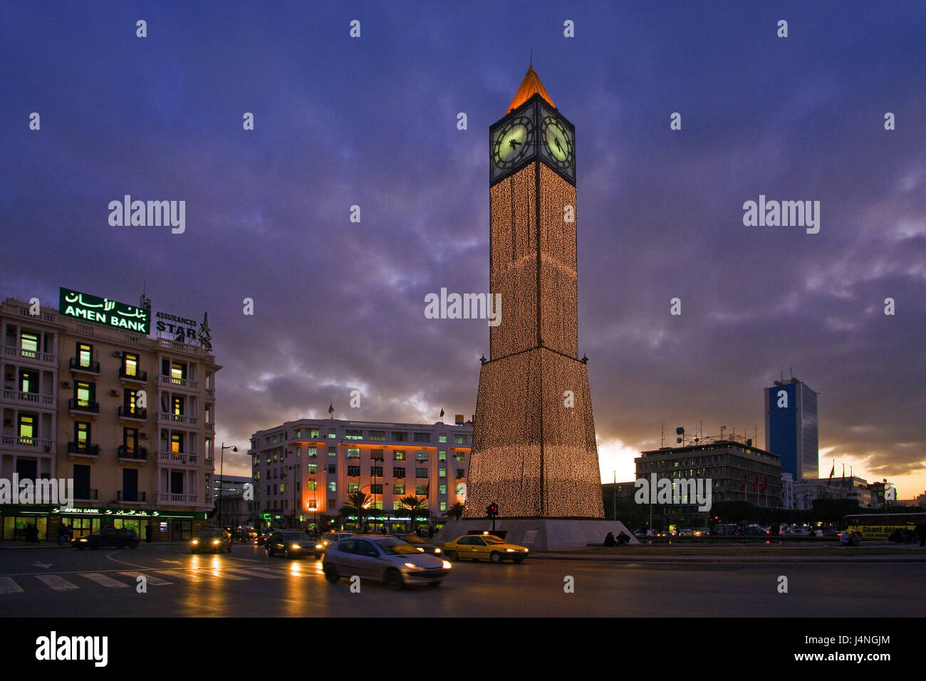 Tunisia, Tunis, space of the 7th of November, clock tower, evening ...