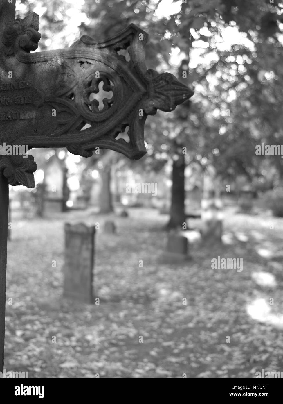 Cemetery, cross, gravestones, medium close-up, detail, s/w Stock Photo ...