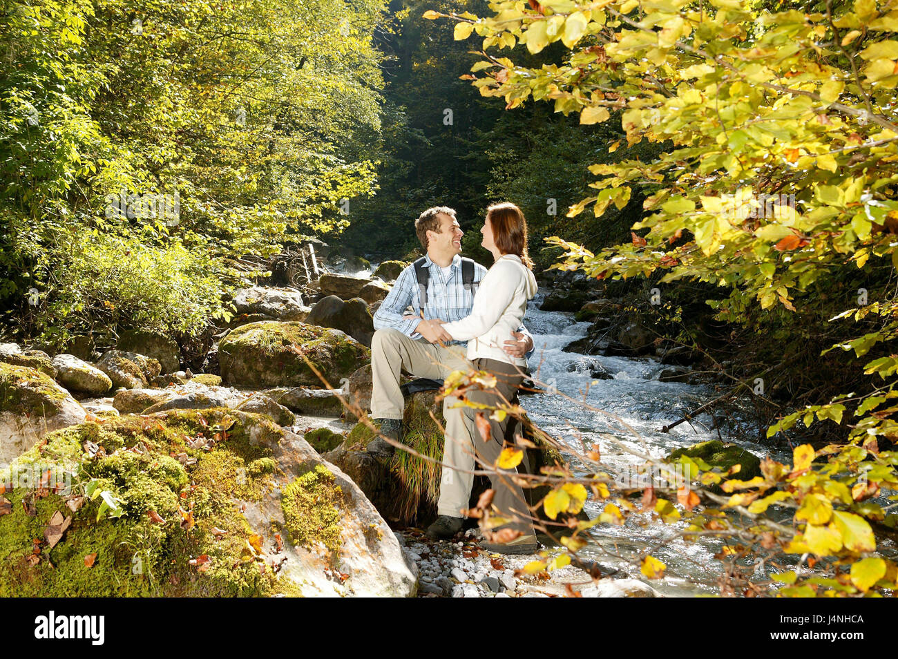 Couple, young, walk, brook, rock, break, model released, man, woman ...