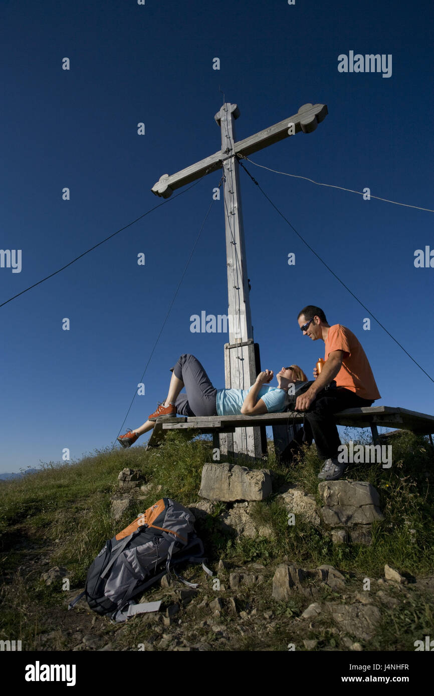 Germany, Bavaria, deer mountain, wanderer, summit cross, break, model ...