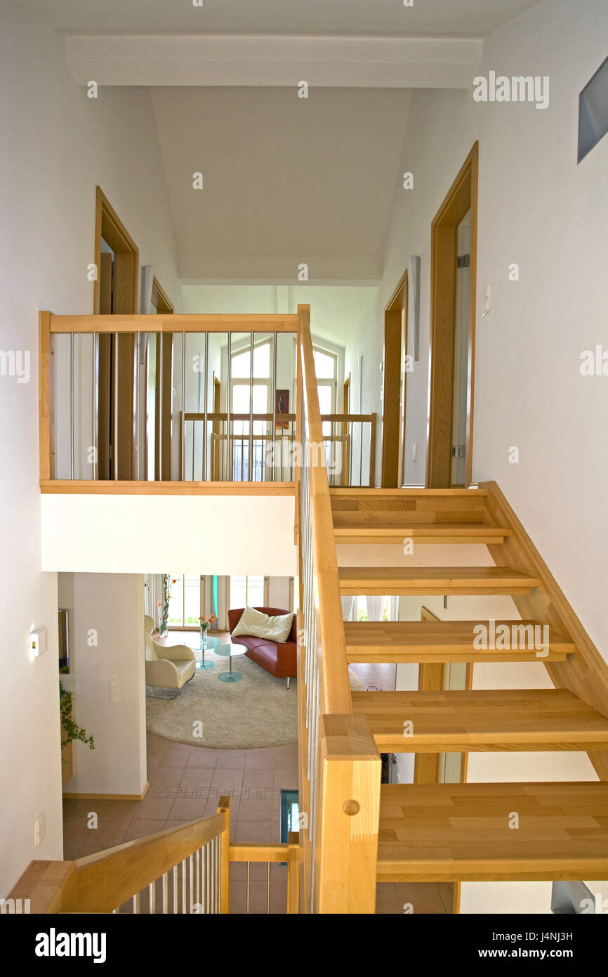 Single-family dwelling, hall, wooden stairs, view, living space Stock ...