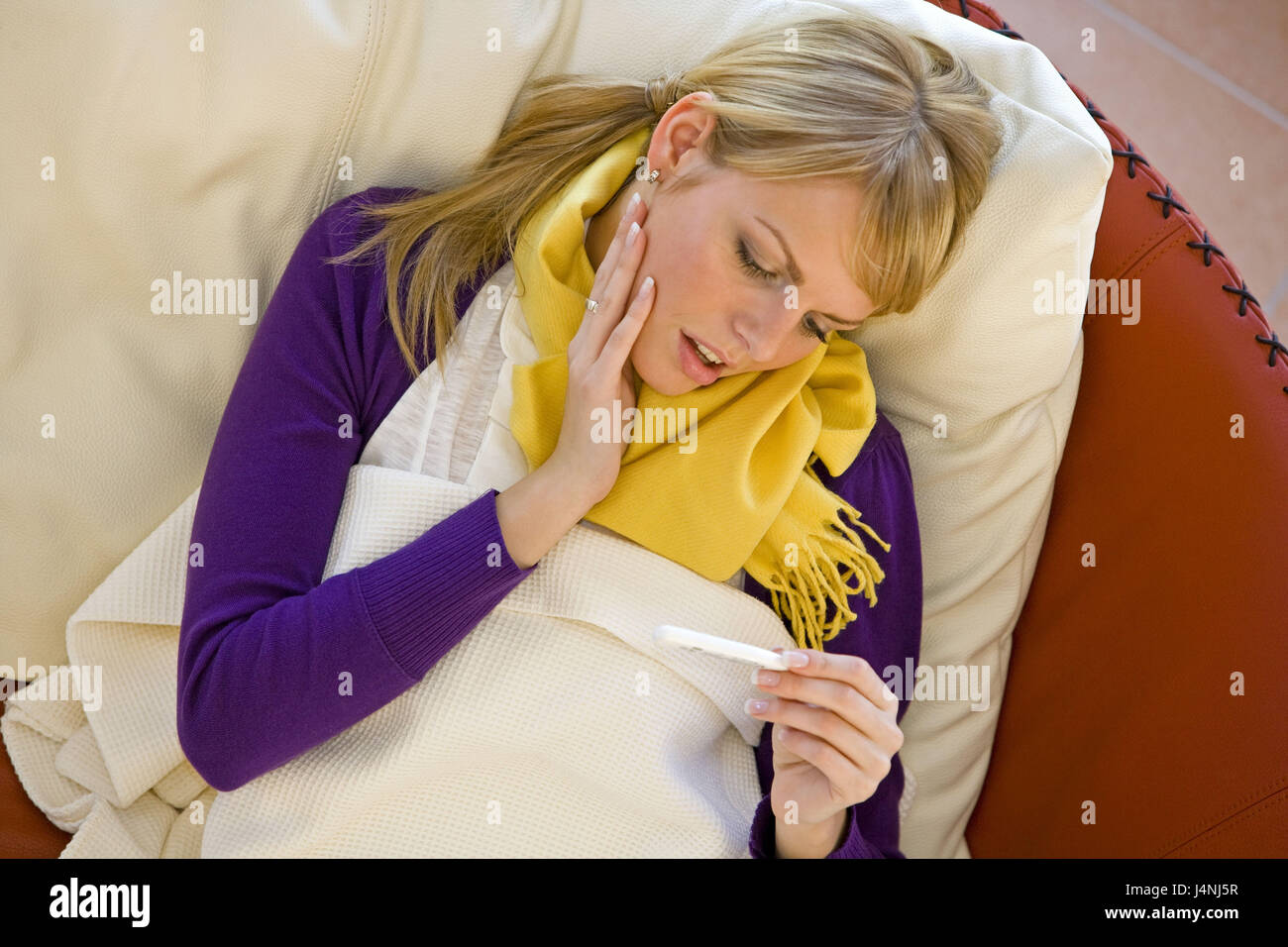 Woman, person, model released, 20-30 years, 30-40 years, ill, sofa, lie ...