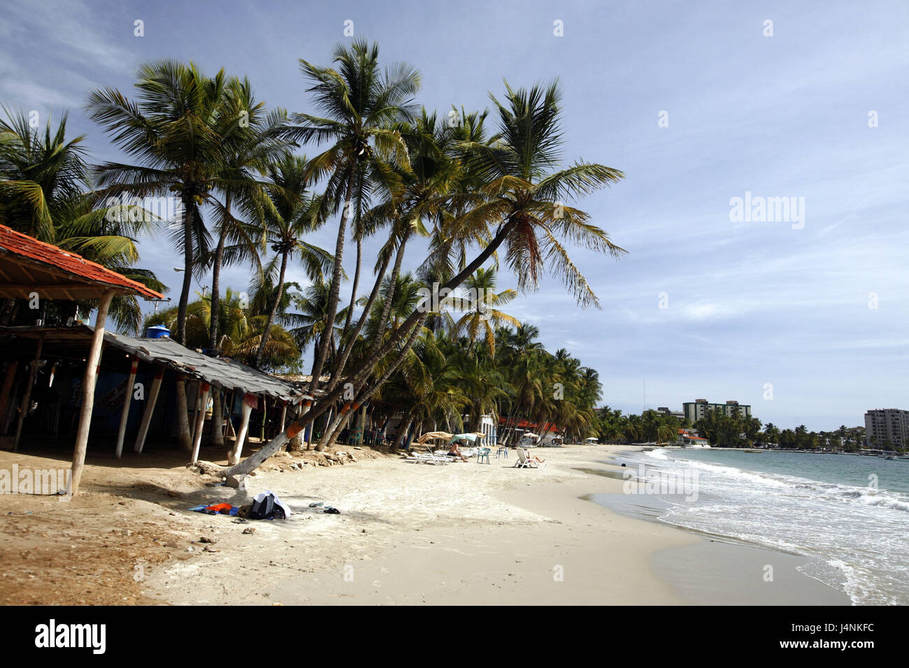 Venezuela, Isla Margarita, Pampatar, beach, palms, tourists Stock Photo ...