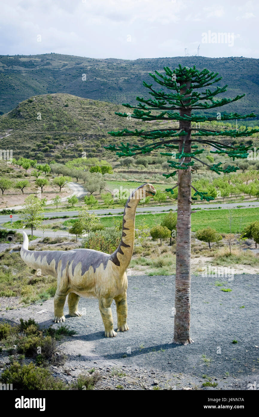 Replica of sauropod camarasaurus eating leafs of araucaria conifer tree ...