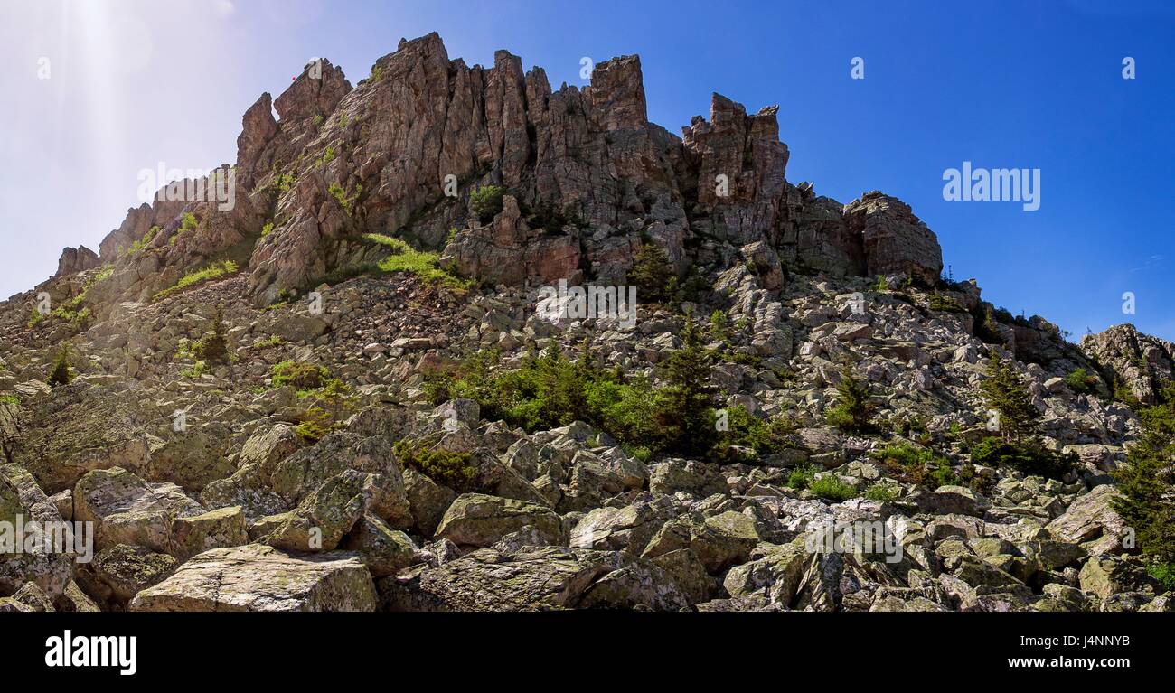 Panoramic view of the mountains and cliffs, South Ural. Summer in the ...