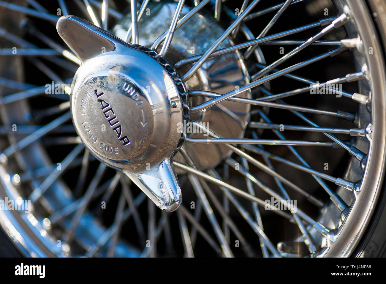 The classic look spoked wheel of an E-Type Jaguar at a classic car meet ...