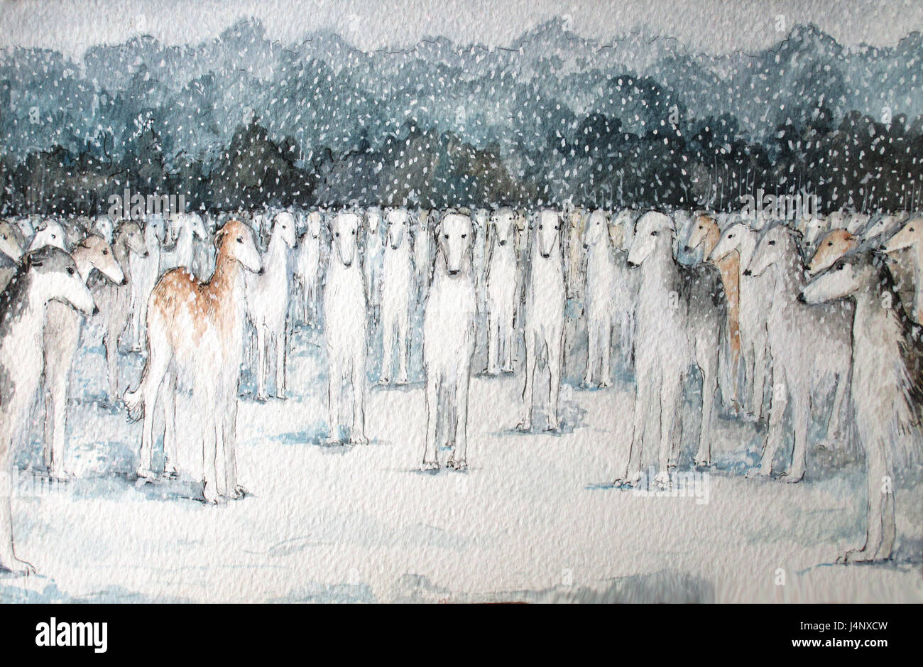 Russian greyhounds in winter near the forest, watercolor illustration ...
