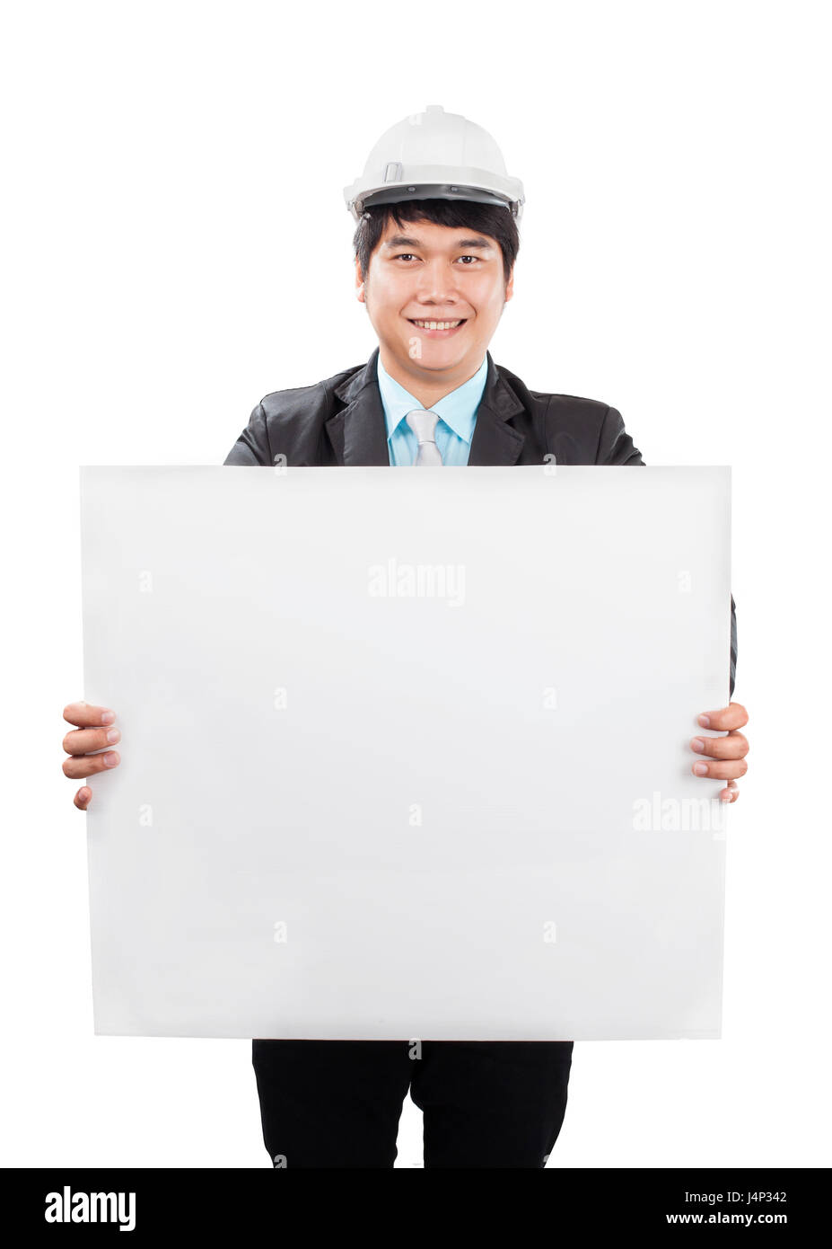 engineering man wearing white safety helmet holding empty banner to ...