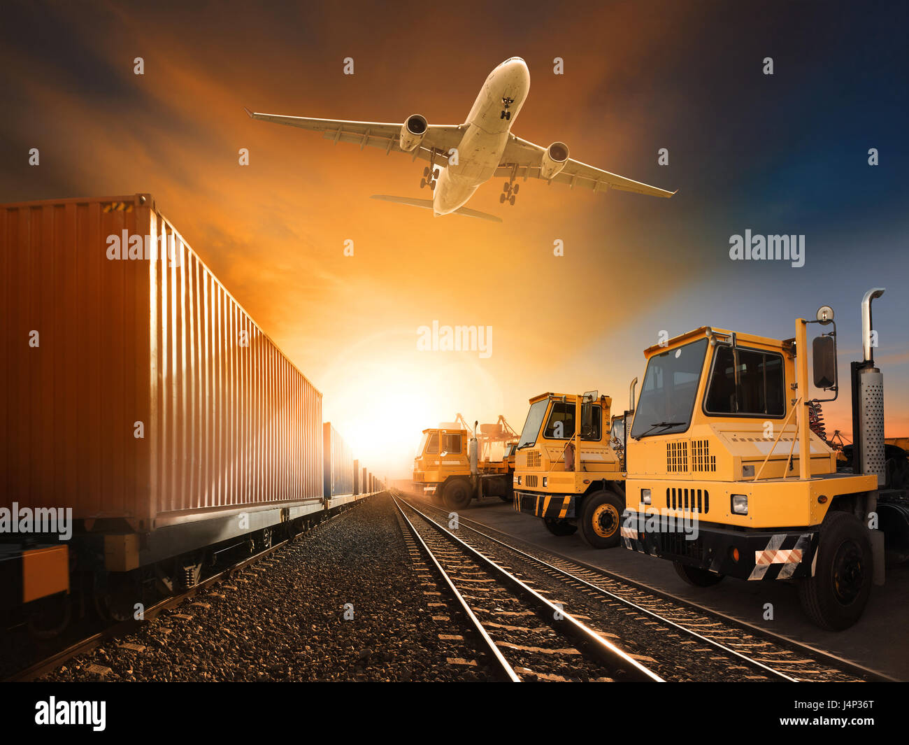 industry container trainst running on railways track plane cargo flying ...