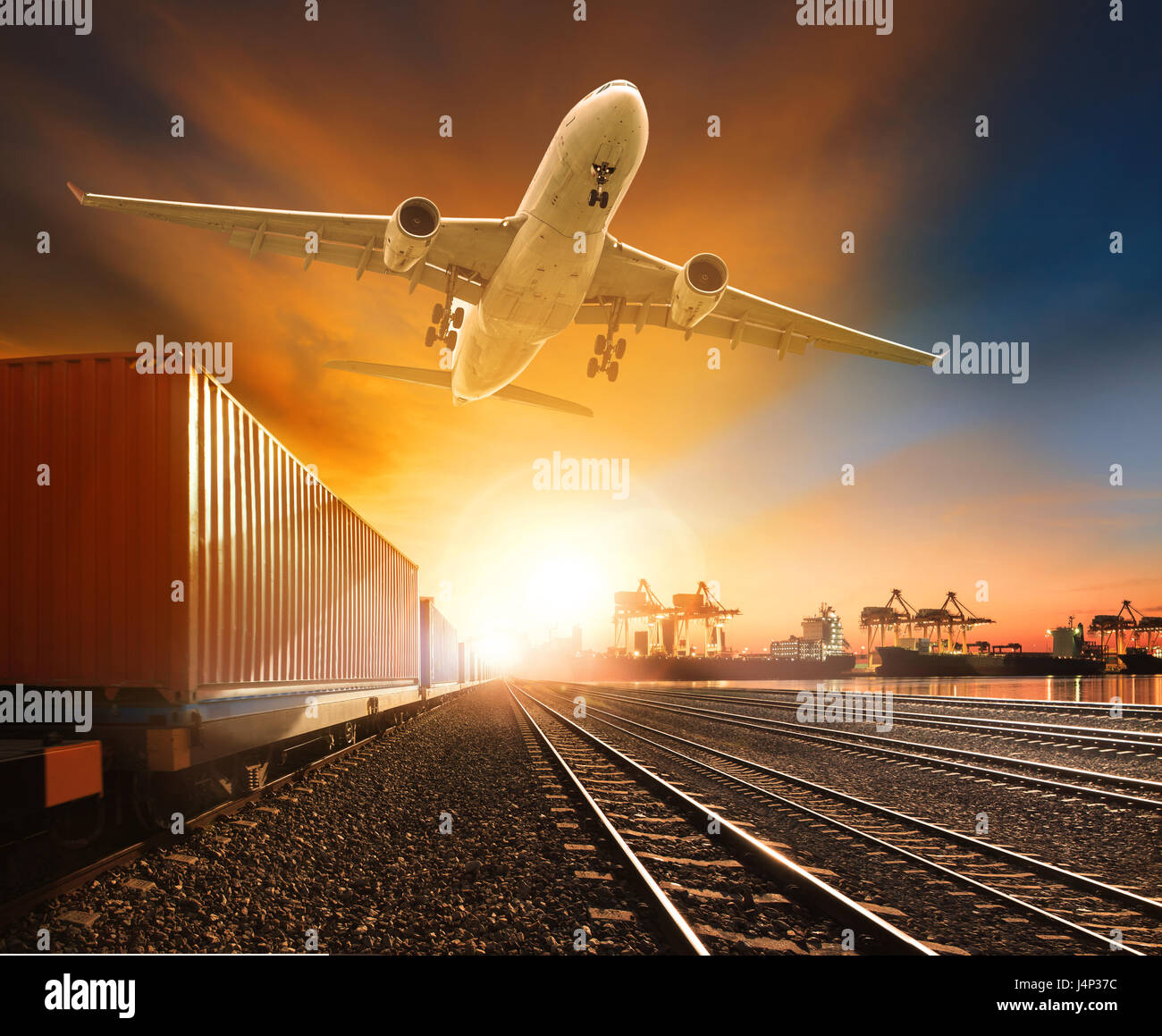 industry container trainst running on railways track plane cargo flying ...