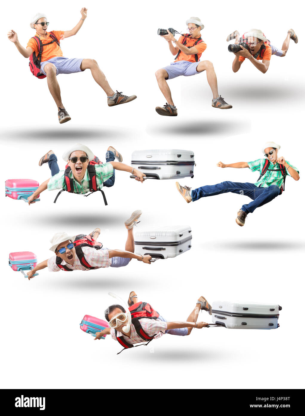 mixed acting of floating man action isolated white background traveling ...